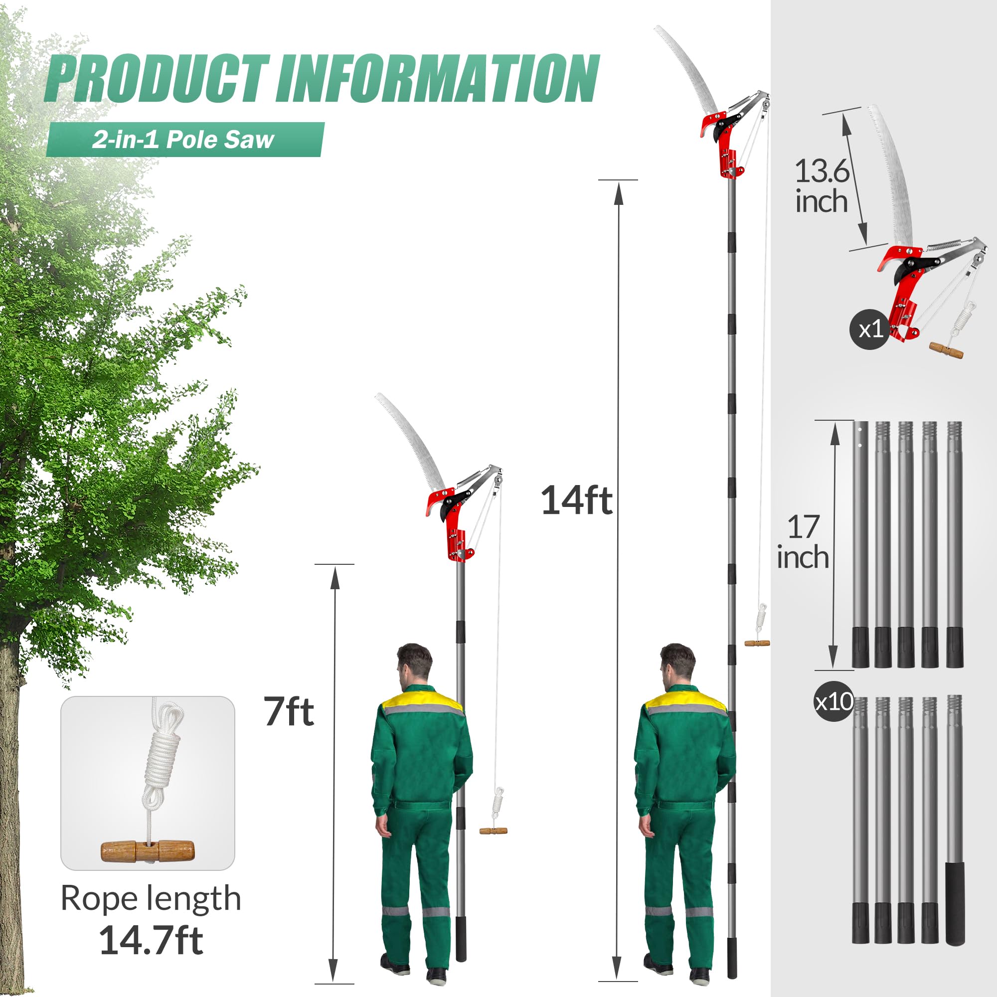 Suchtale 14ft Pole Saw, Manual Tree Pruner with Sharp Steel Blade, Trimmer with Scissors and High Strength Lightweight Handles for Pruning High Branches, Shrubs and Twigs at Forest Yard Garden Patios