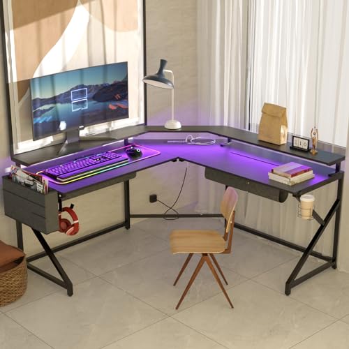 L Shaped Gaming Desk with Power Outlets, 51.5" Computer Desk with Cup Holder and Headphone Holder,Corner Desk Home Office Desk with Glowing Mouse Pad,Black