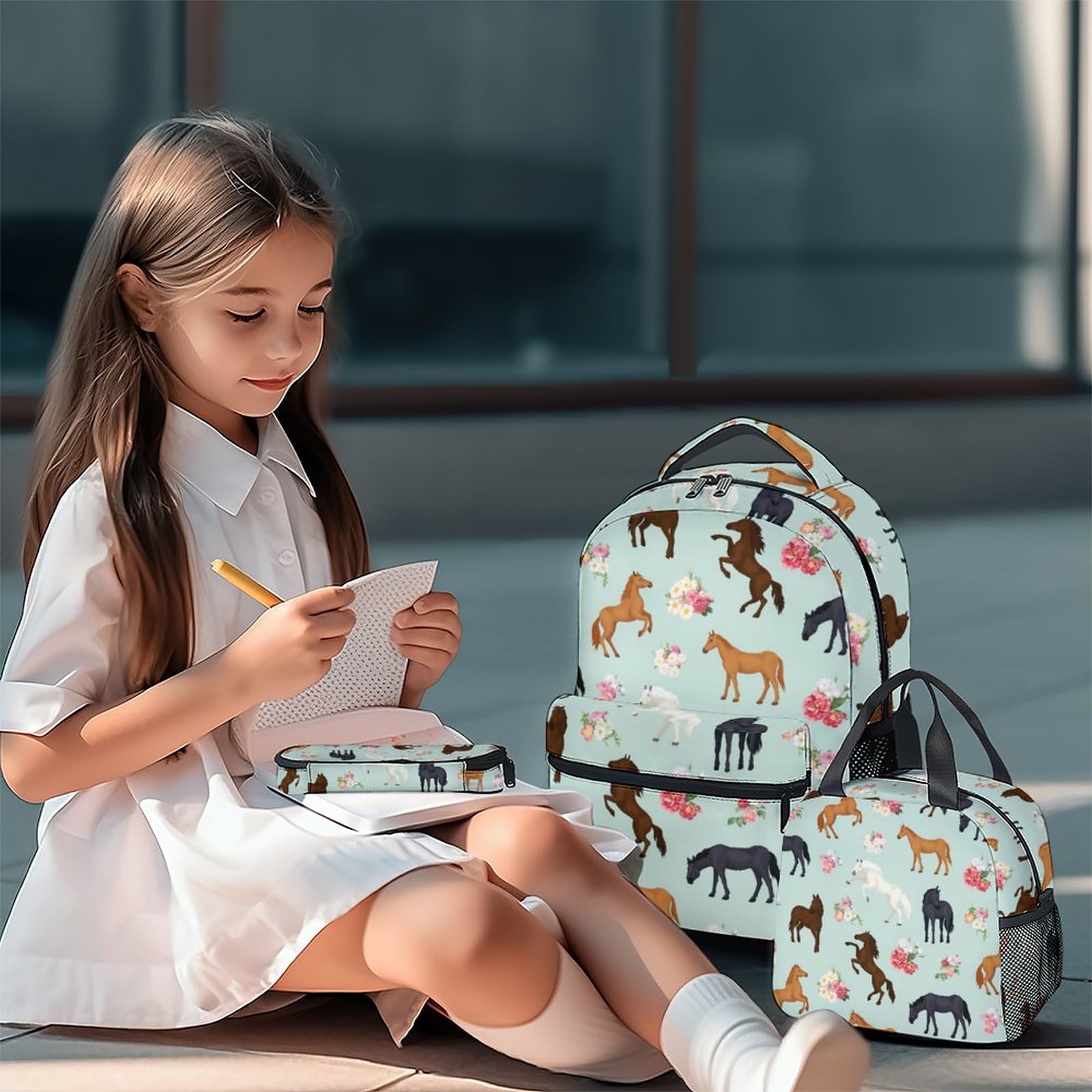 Mercuryelf Horse for Women Backpack with Lunch Box Set, 3 in 1 School Backpacks Matching Combo, Aesthetic Mint Green Bookbag and Pencil Case Bundle