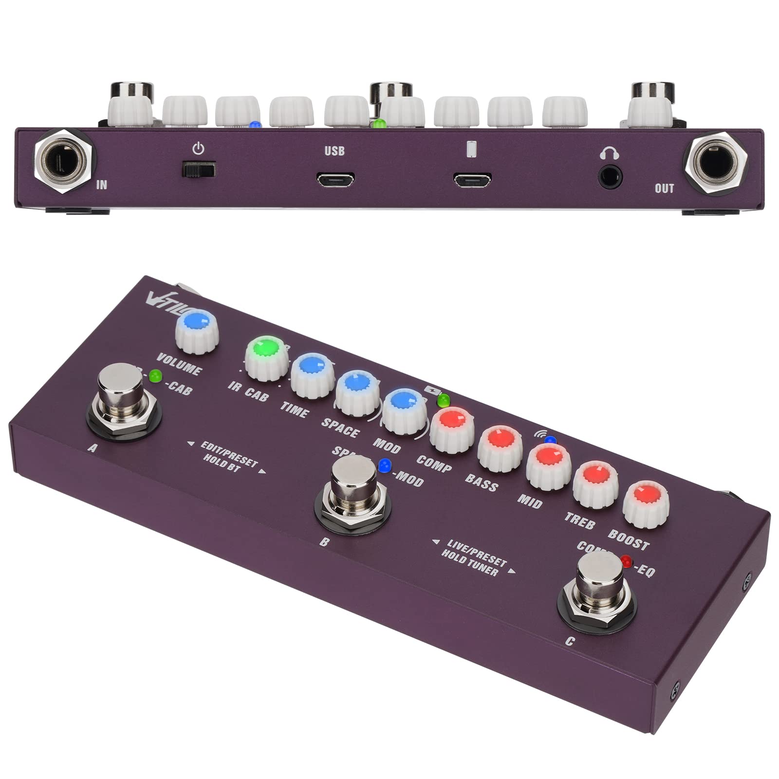 Pro Multi Electric Bass Effect Pedal,8 Classic Bass IR Cabinet Simulations, Real Time Function, 3 Sets Of Timbres, Chorus Phaser Delay and Reverb effect Pedal, BT Wireless Recording