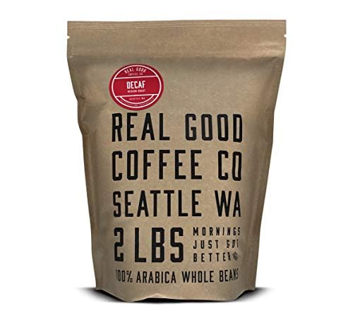 Real Good Coffee Company - Whole Bean Coffee - Decaf Medium Roast Coffee Beans - 2 Pound Bag - 100% Whole Arabica Beans - Grind at Home, Brew How You Like