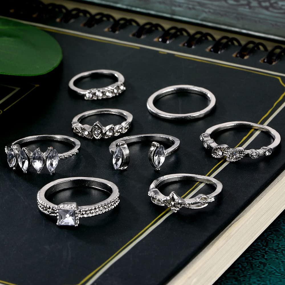 Missgrace Vintage Boho Womens Silver Leaf Open Rhinestones Knuckle Rings for Girls Stackable Midi Joint Finger Ring Set Hollow Carved Flowers for Women 15Pcs (Style 3)