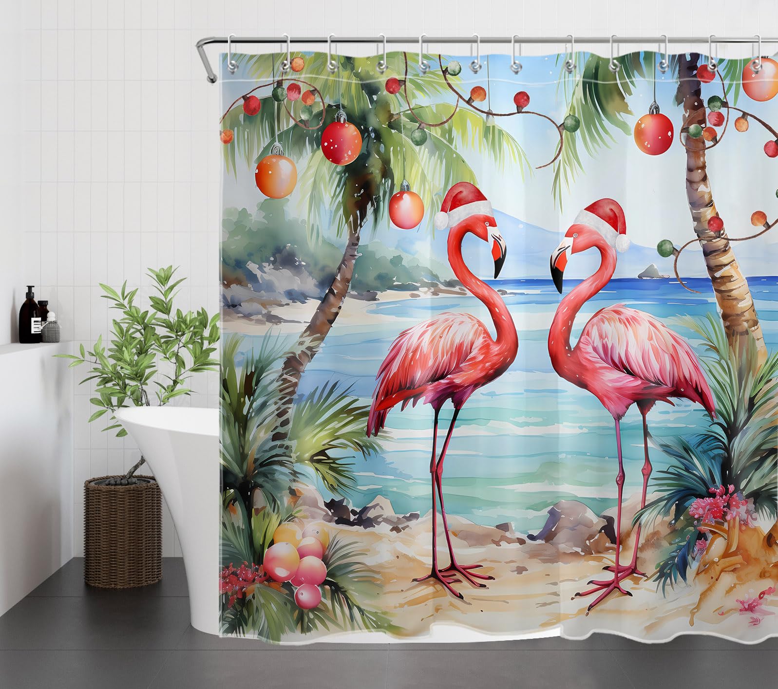 LB Christmas Flamingo Shower Curtain Pink Flamingo with Palm Tree and Christmas Balls Bathroom Shower Curtain Xmas Beach Theme Bathroom Decor with Hooks 72Lx72W Inch Polyester Bath Curtain