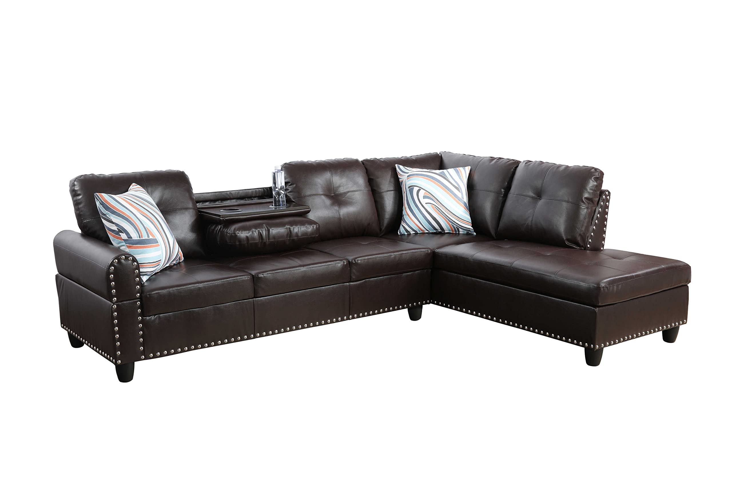 VURAX 3-Piece Faux Leather Sectional Sofas with Left Chaise Longue and Storage Ottoman, Button Tufted Upholstered Couch Set, for Living Room, Home, Office, 97inch, Dark Brown 1