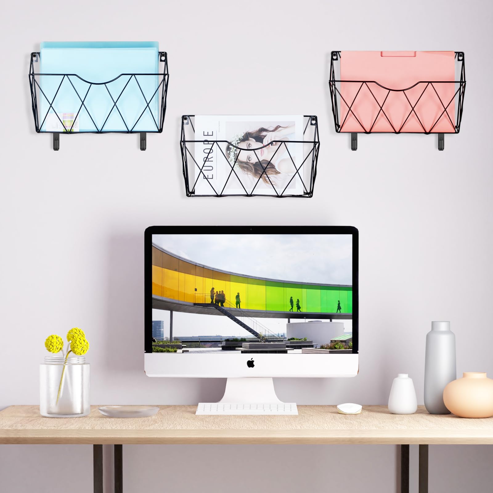 KEEGH Hanging Wall File Organizer Wall Mount File Folder 3 Pockets Wall Paper Organizer Mail Organizer Metal Wall Magazine Rack with Hooks