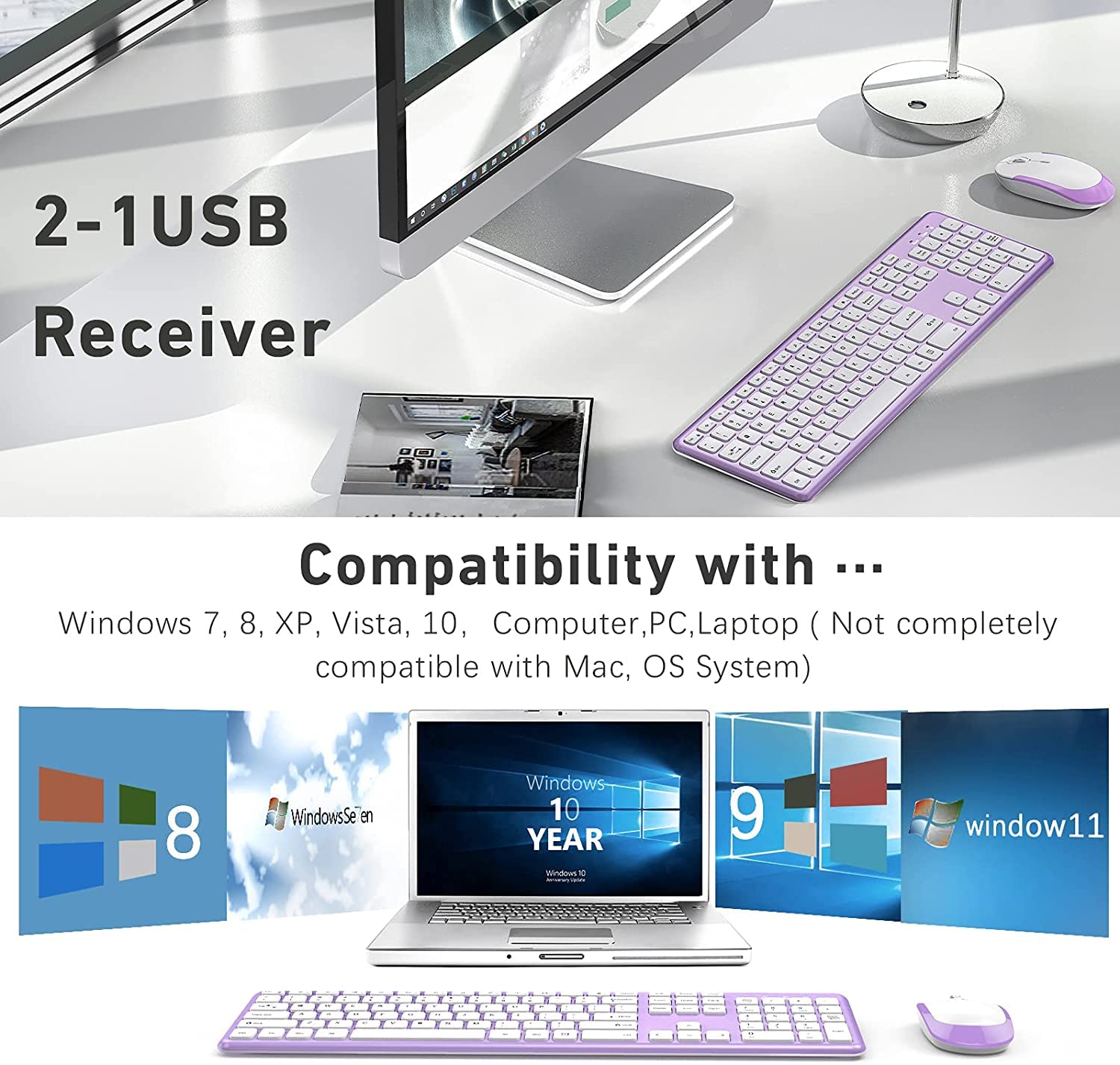 Wireless Keyboard Mouse Combo, Vssoplor 2.4G Ultra-Slim Cordless Keyboard and Mouse Set, Full Size Purple Wireless Keyboard for Windows, Laptop, PC, Computer, Notebook