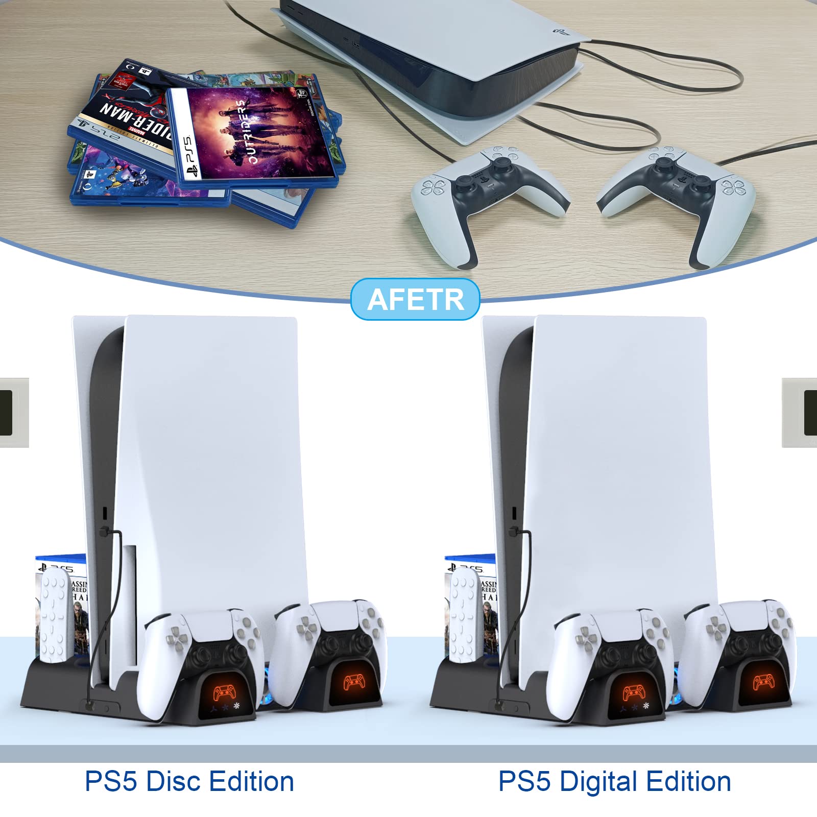 PS5 Stand with Cooling Station and Controller Charger PlayStation 5 Dual Controller Charger Station for PS5 Console with 3 Levels Adjustable Fans Speed and USB Ports 11 Games Storage