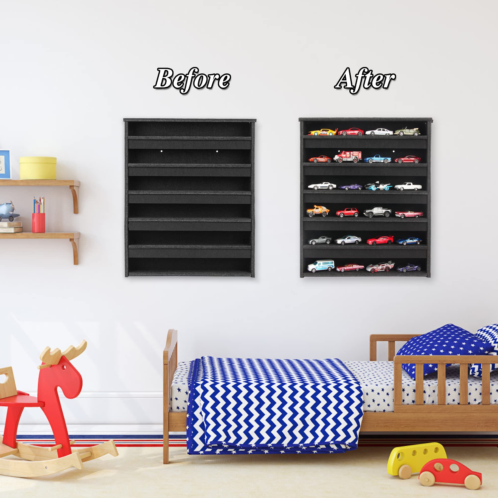 KISLANE Assemblable Kids Display Case Compatible with Toy Cars, Display Case Fit for Toy Cars Case & Matchbox Cars, Wall-Mounted Storage Organizer Case (Black)