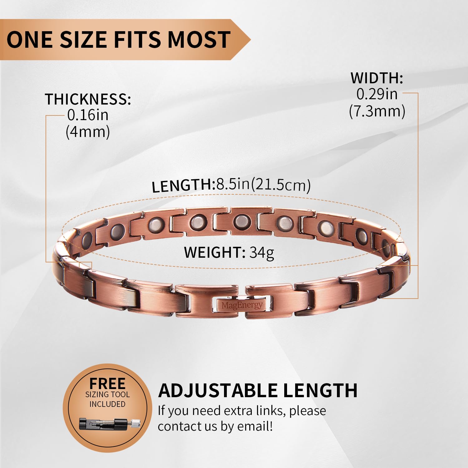 MagEnergy Copper Bracelets for Women 99.9% Pure Copper Magnetic Link Bracelet, 8.5 inches Adjustable Bracelet Jewelry Box with Sizing Tool(Plain Style)