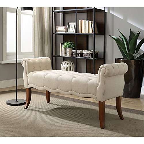 Linon Laurel Upholstered Roll Arm Bench with Walnut Wood Legs in Beige Fabric