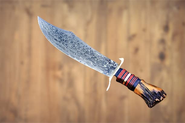 PSK166 - Custom Handmade Damascus Steel Bowie Hunting Knife Stag Horn Handle with Sheath