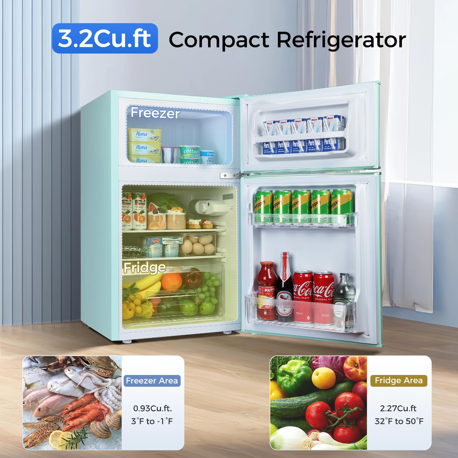 Kismile 3.2 Cu.Ft Mini Fridge with Freezer,Freestanding Compact Refrigerator with Freezer,Adjustable Temperature,2 Door Mini Fridge for Home,Office,Dorm or RV, Apartment-Food Storage or Drink Beer