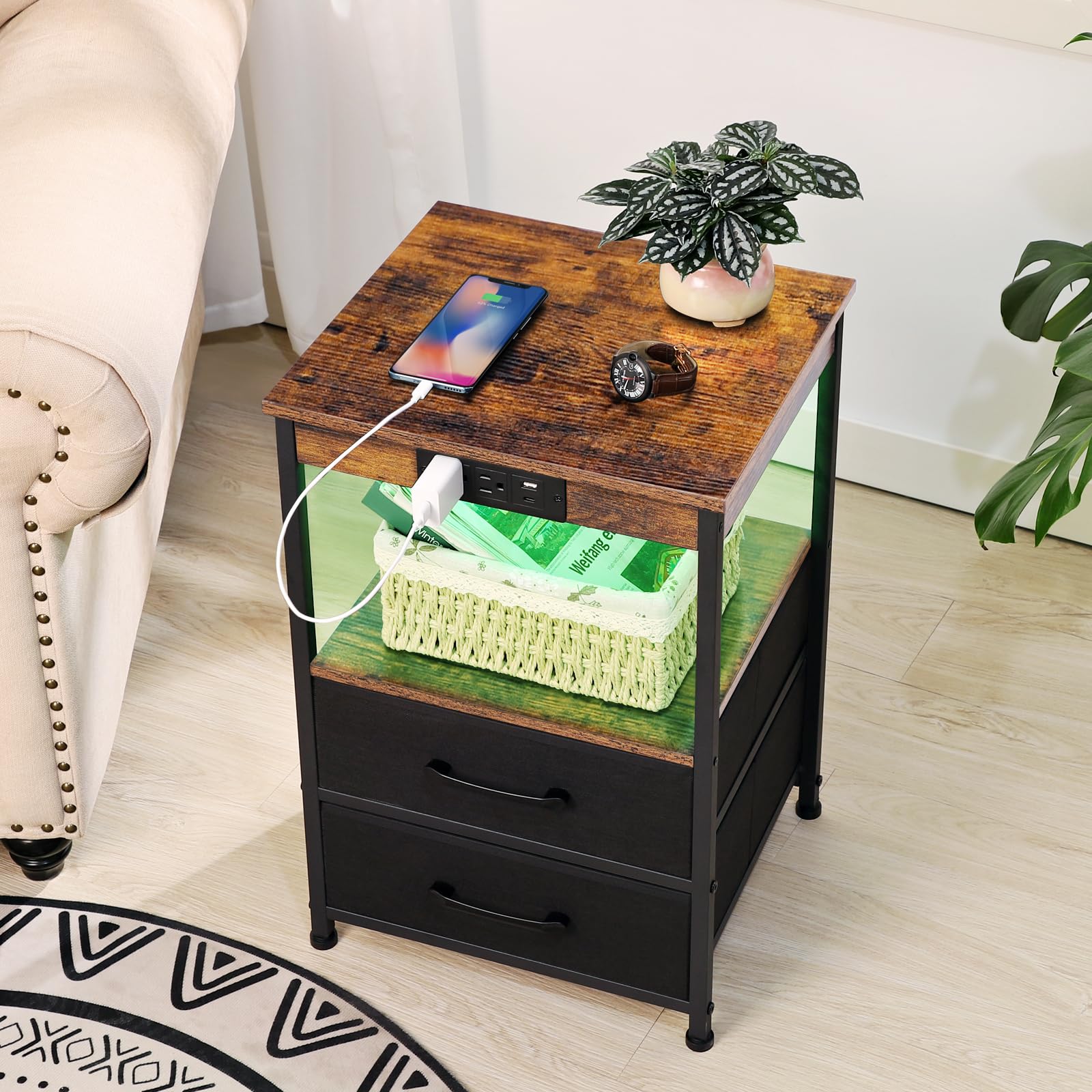 LOAKEKEL Night Stand Set 2, Nightstand with Charging Station, LED End Tables with USB C Port and Outlets, Bedside Table with 2 Fabric Drawers for Bedroom, Rustic Brown, HNS022BR