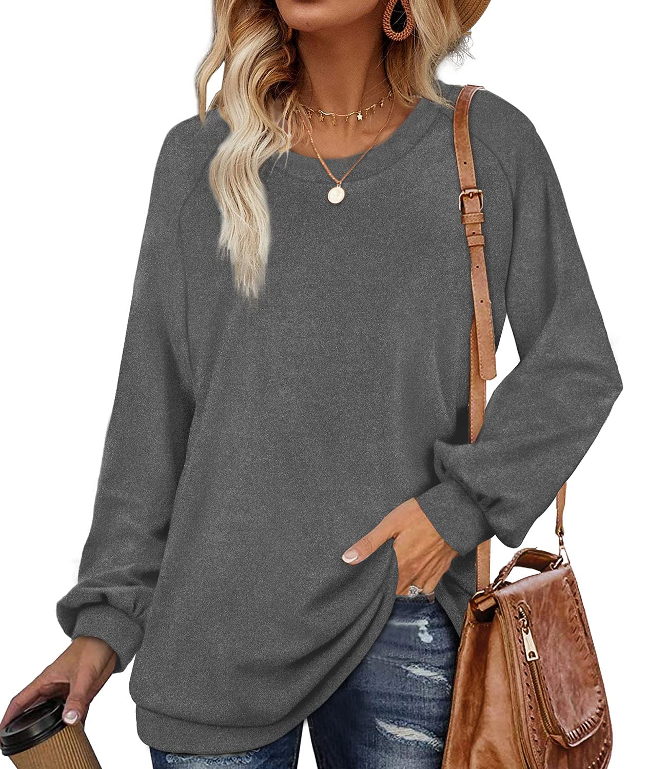OFEEFAN Womens Long Sleeve Tops Tunics Sweatshirts Pullover Sweaters Tops Grey M
