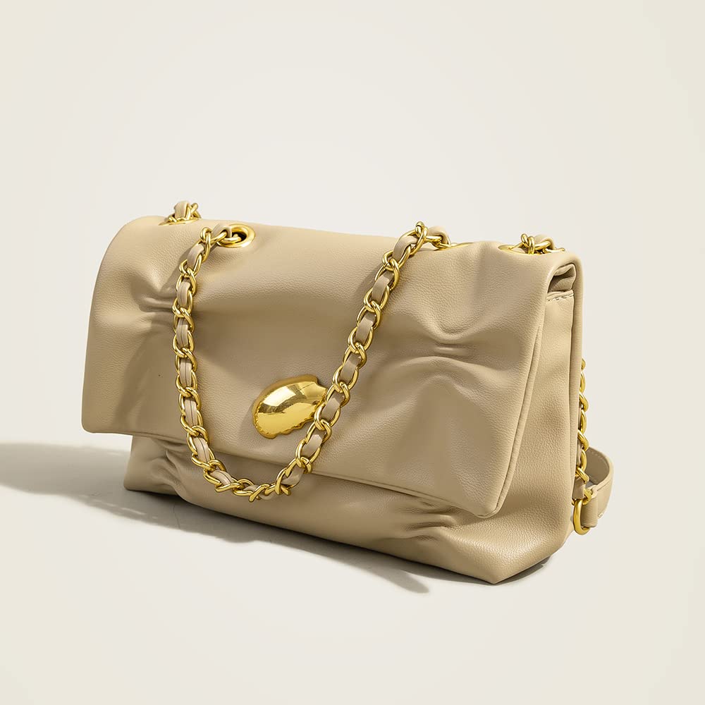 Sibalasi Clear Out Women's Ruched Shoulder Handbag Soft Trendy purse Chain Black Bag Beige Crossbody Bag (Beige)