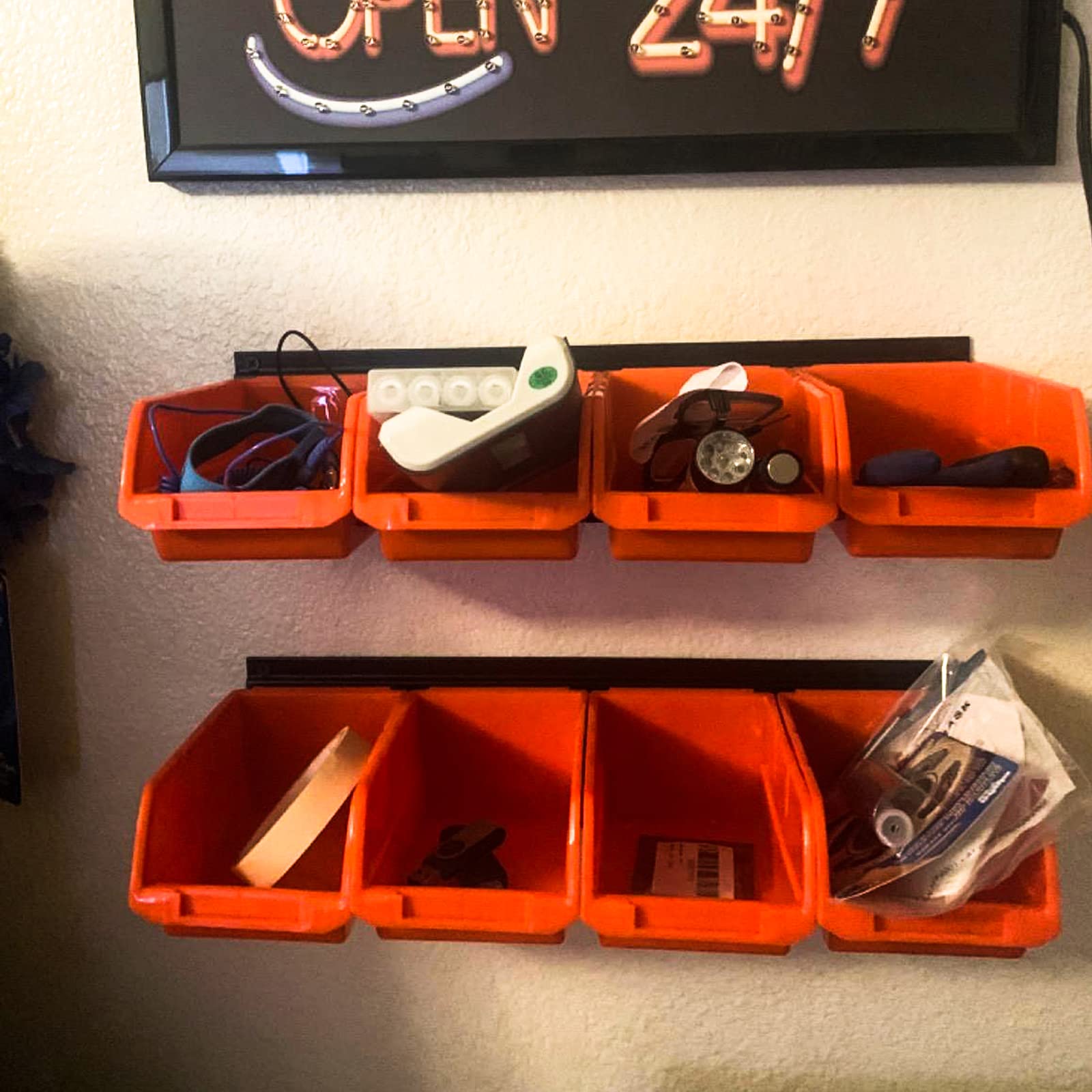 Wallmaster Power Tool Organizer, Wall Mount Drill Holder & 8-Bin Storage Bins Garage Rack System 2-Tier Orange Tool Organizers