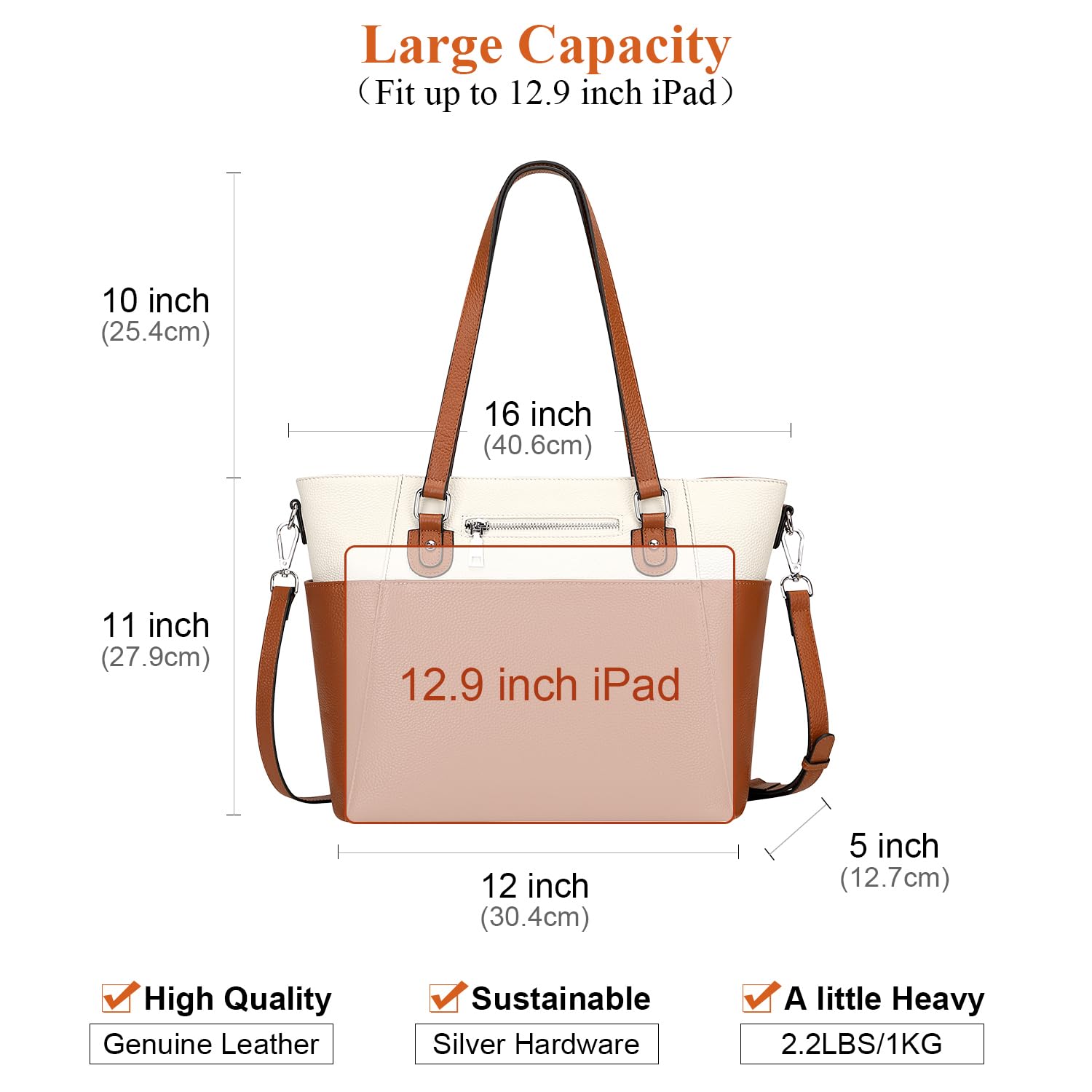 Over Earth Women Leather Handbags Genuine Leather Tote Shoulder Bag Crossbody with Multi Pockets(O105E Brown with White)