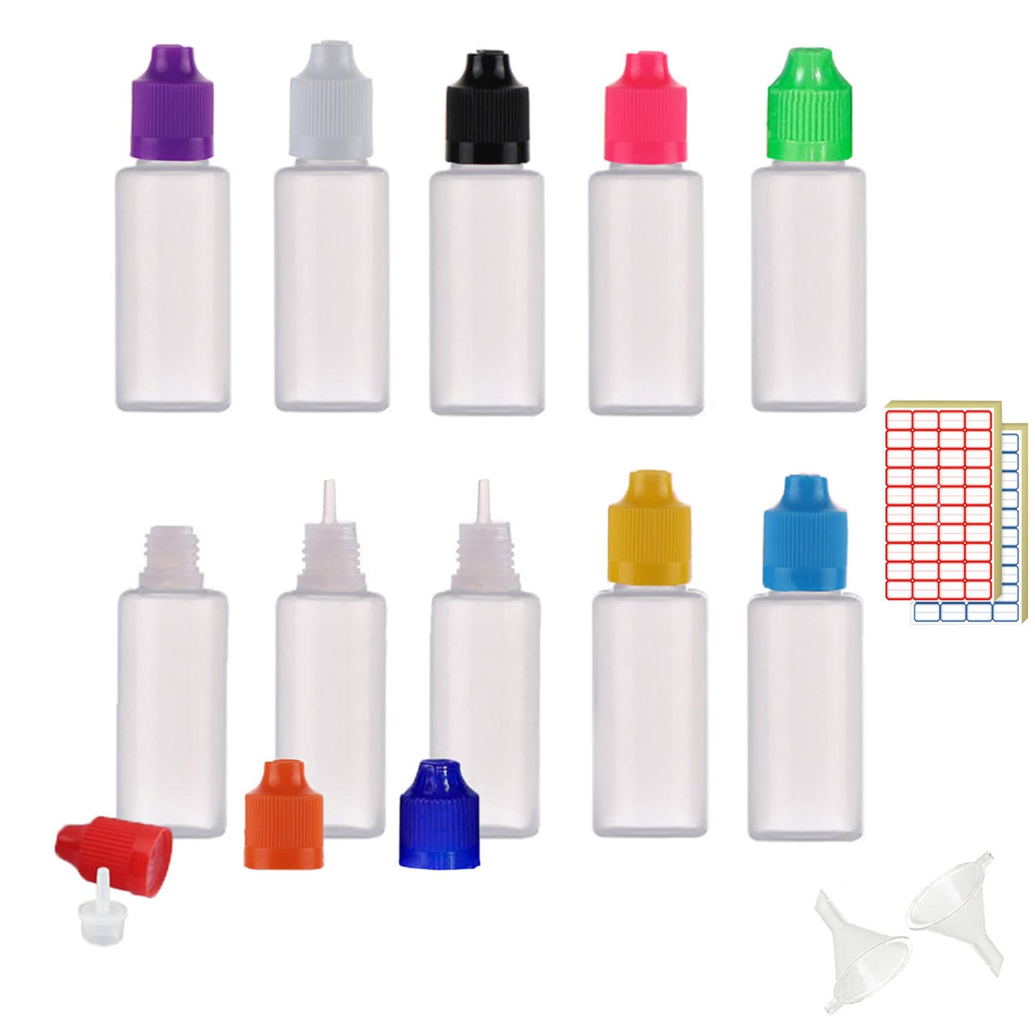 SmaUnicorn 50pcs LDPE Empty Squeezable Liquid Dropper Bottles, 10ml (0.3oz) Plastic Dropper Bottle with Mixed CRC Caps Free Funnels Blank Labels