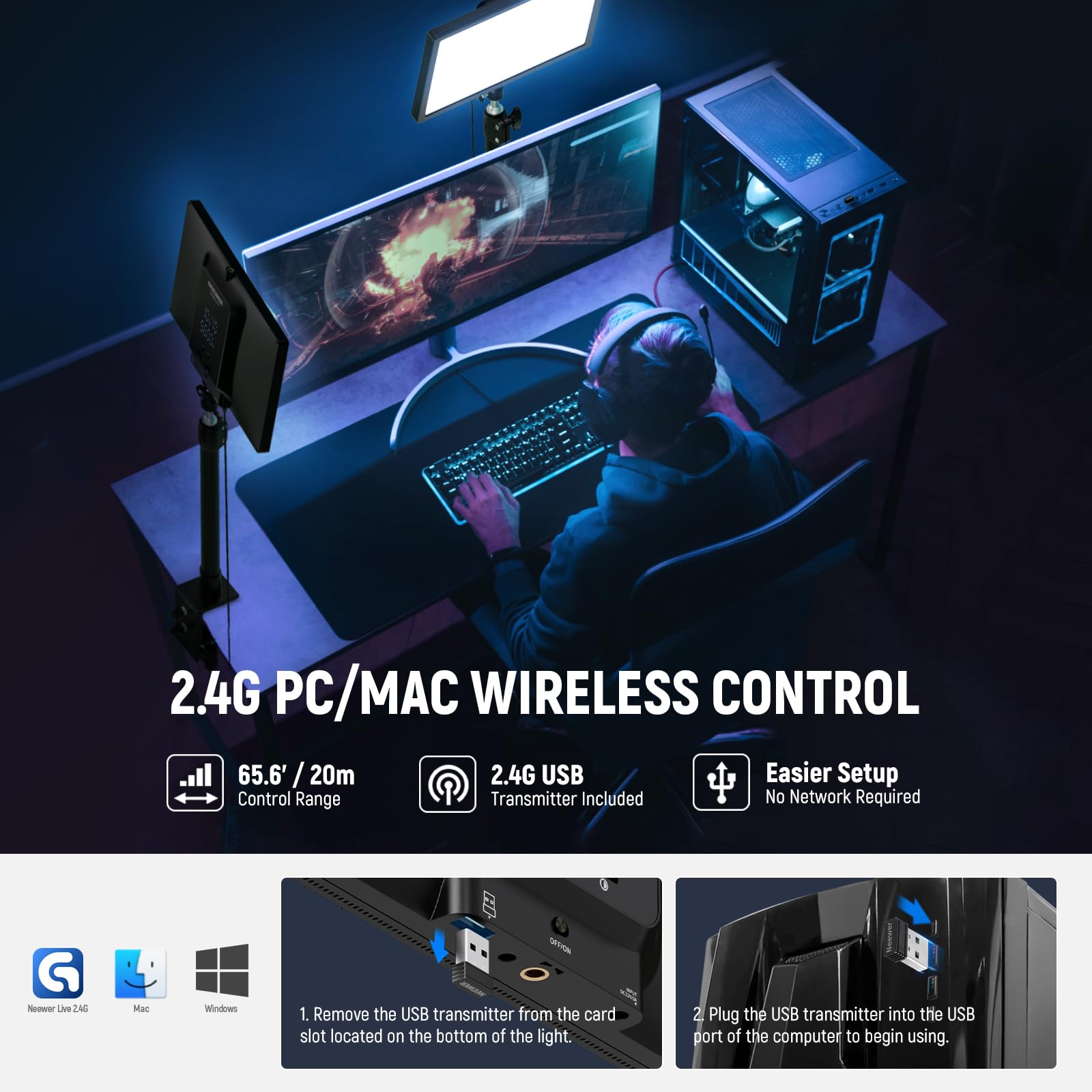 NEEWER GL25B 12.9" Streaming Key Light, 2.4G RT100 Remote & PC/Mac APP Control 25W 2300Lux/0.5m 2900K–7000K CRI98+ Dimmable Edge Emitting Silent Webcam Video Light with Desk Stand & USB Transmitter