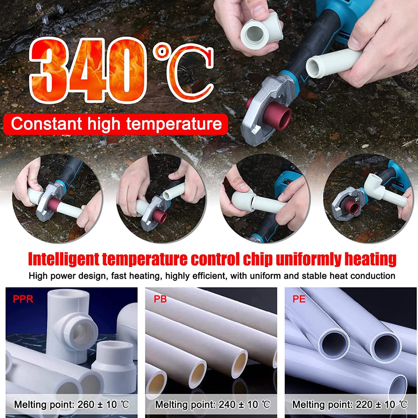 Plastic Water Pipe Welder, Cordless Handheld Socket Fusions Welder Kit, Rechargeable PPR Pipe Welding Machine with 6 Die Heads for PPR PE PB HDPE Pipe (340℃ Constant Temperature)