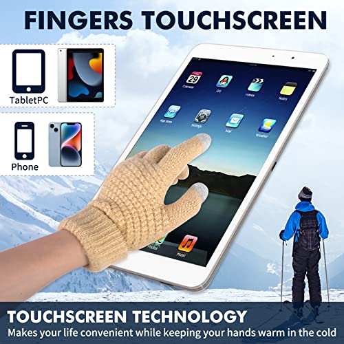 Sibba 2 Pairs Women's Winter Touchscreen Gloves, Warm Wool Lined Gloves, Thermal Knitted Stretchy Cuff Mittens (Black&Beige)