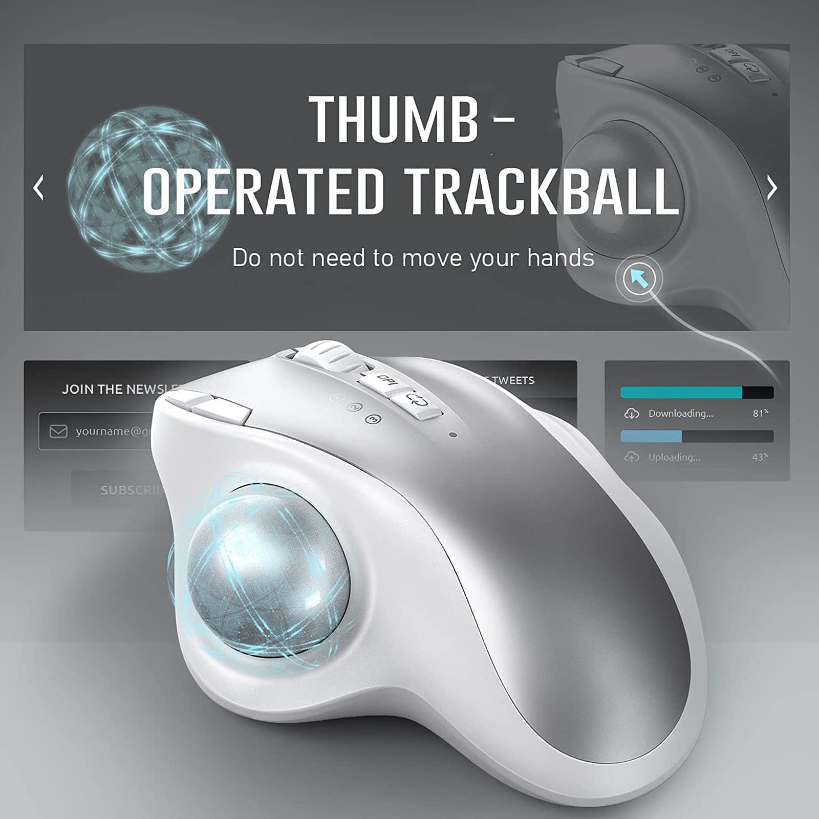 Wireless Trackball Mouse - 2.4G USB + Dual Bluetooth Rollerball Mouse, Easy Thumb Control, Rechargeable Ergonomic Trackball Mice for MacBook, Laptop, PC, iPad, Windows, Android, iOS (White Silver)