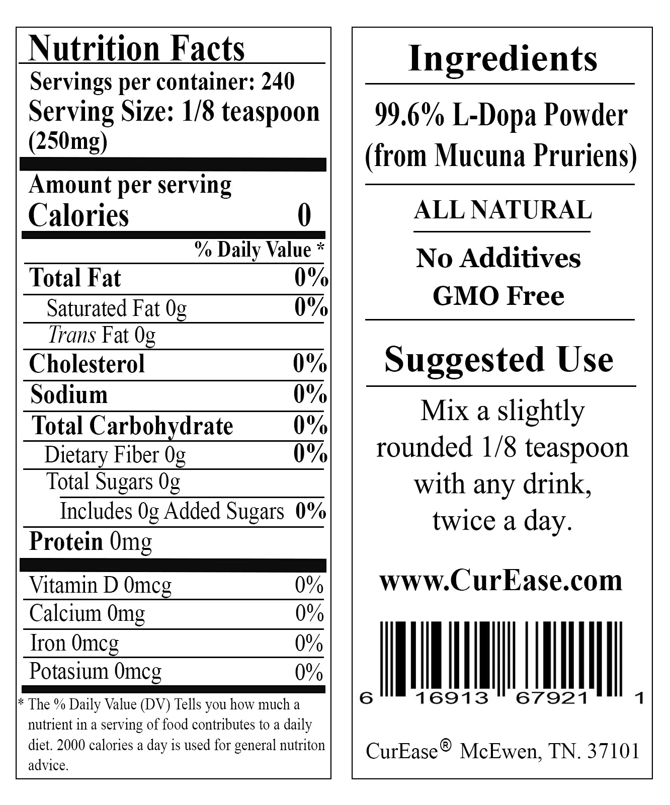 l-dopa Powder - 99% Mucuna Pruriens Extract - Natural Velvet bean - 2.4oz. - 240 Servings