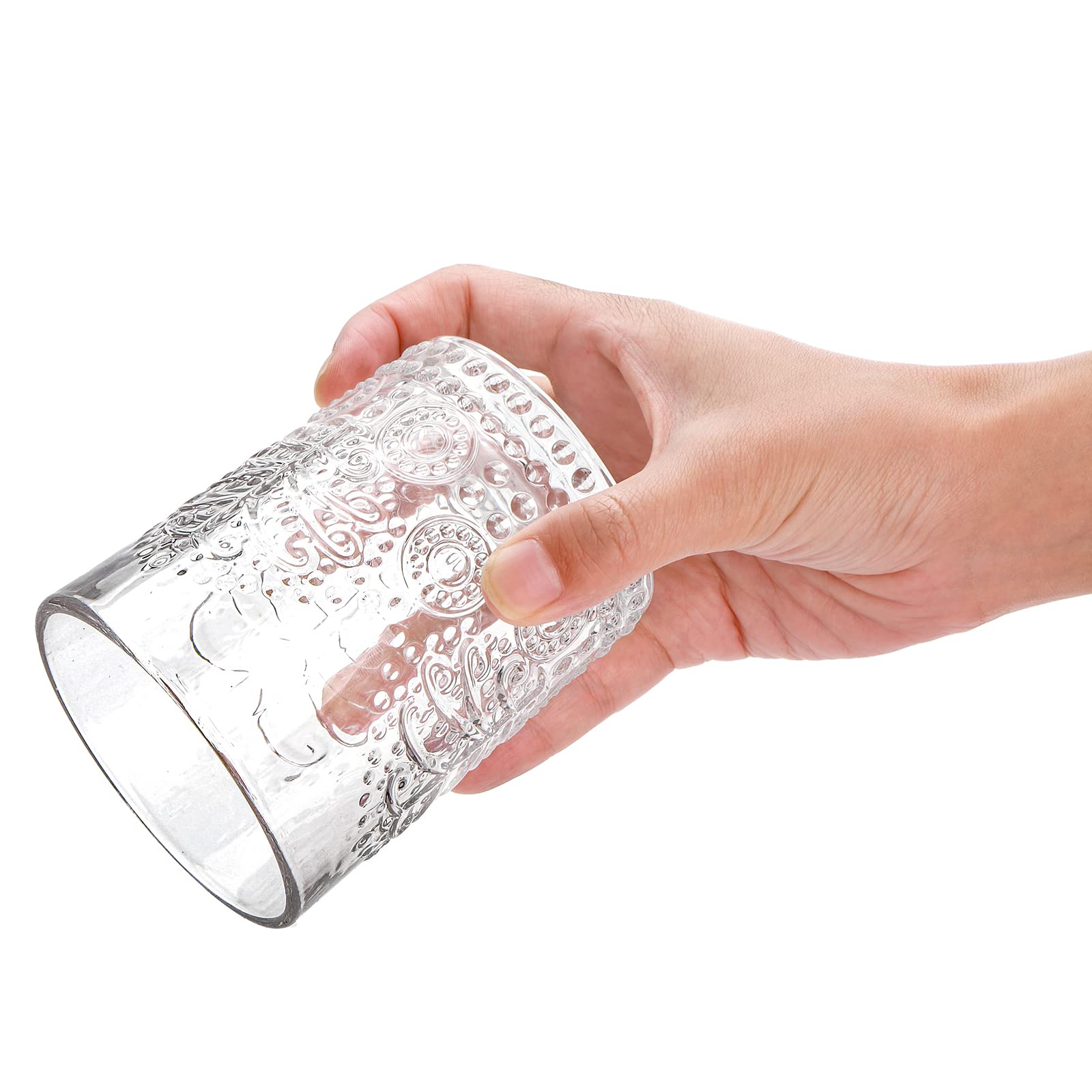 Okllen 6 Pack Clear Romantic Drinking Glasses, 10 Oz Embossed Water Glasses Tumblers, Vintage Glassware Set Highball for Juice, Whisky, Beverages, Beer, Cocktail
