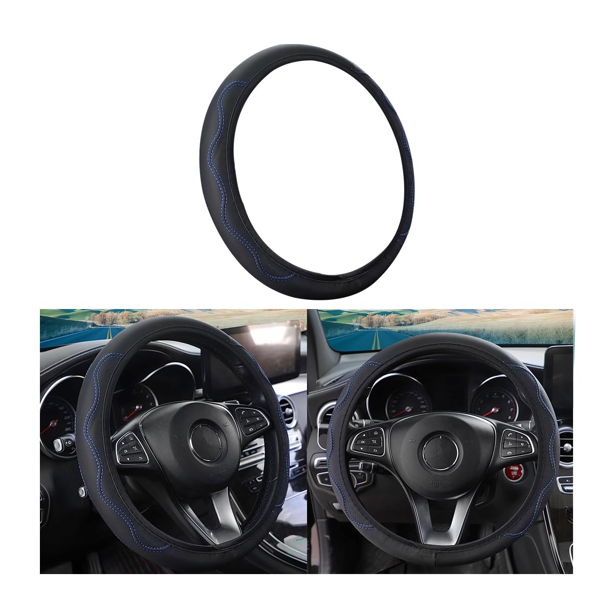 LoyaForba Car Steering Wheel Cover, Non-Slip Microfiber Leather Steering Wheel Cover, Breathable Vehicle Soft Handle Protector, Universal Automotive Interior Accessories for Women Men Girls (Blue)