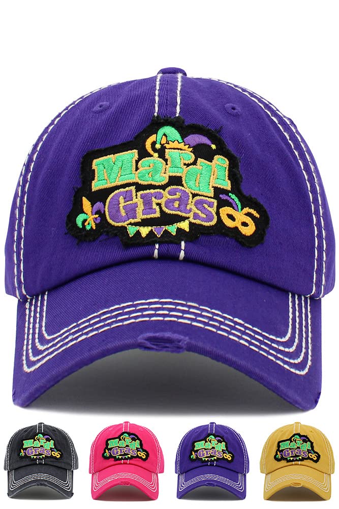ScarvesMe Women Mardi Gras Washed Embroidered Vintage Cotton Distressed Baseball Cap Purple