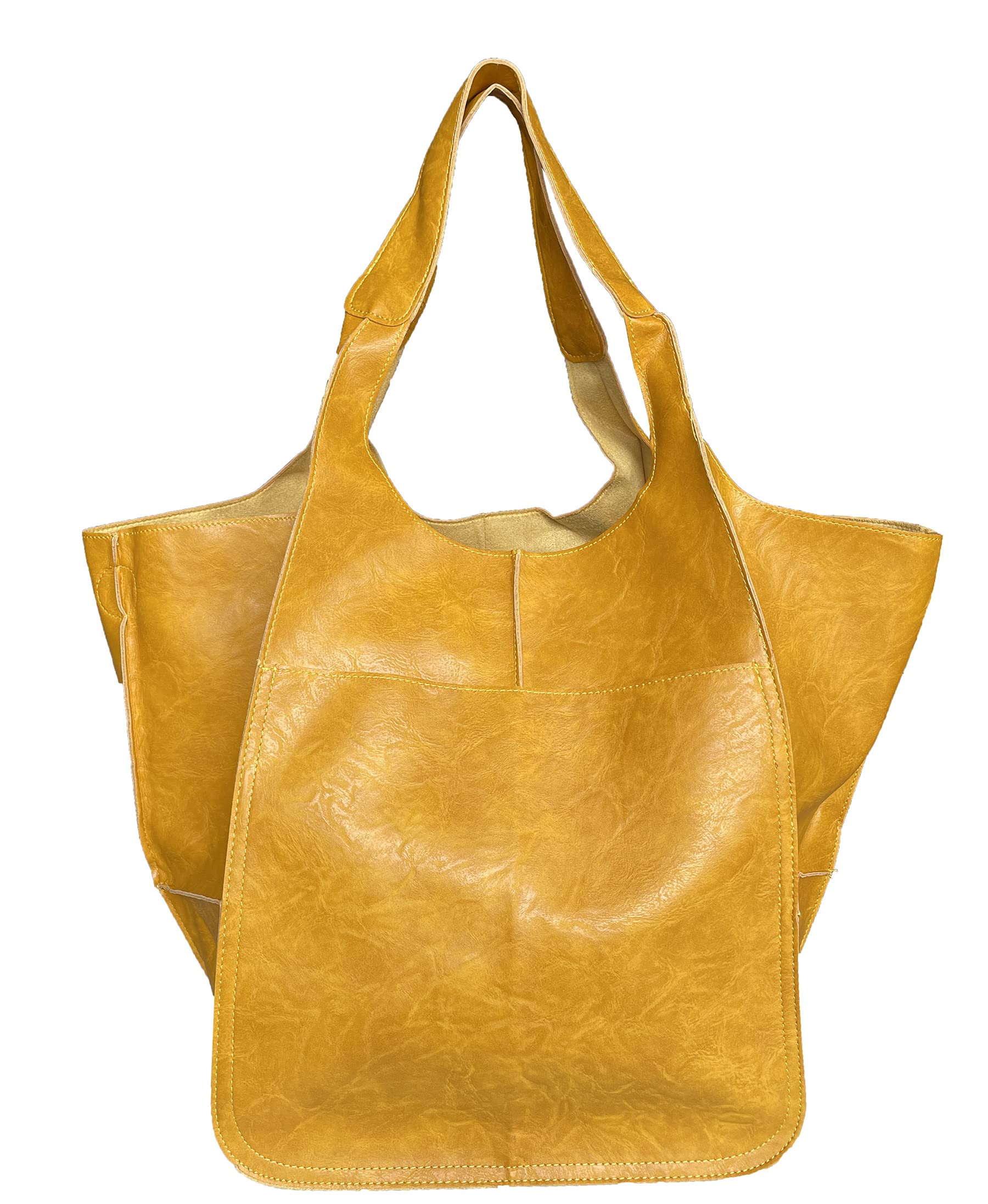 Oversized Soft Leather Shoulder Bag Foldable Hobo Bag Weekend Travel Tote (Yellow)