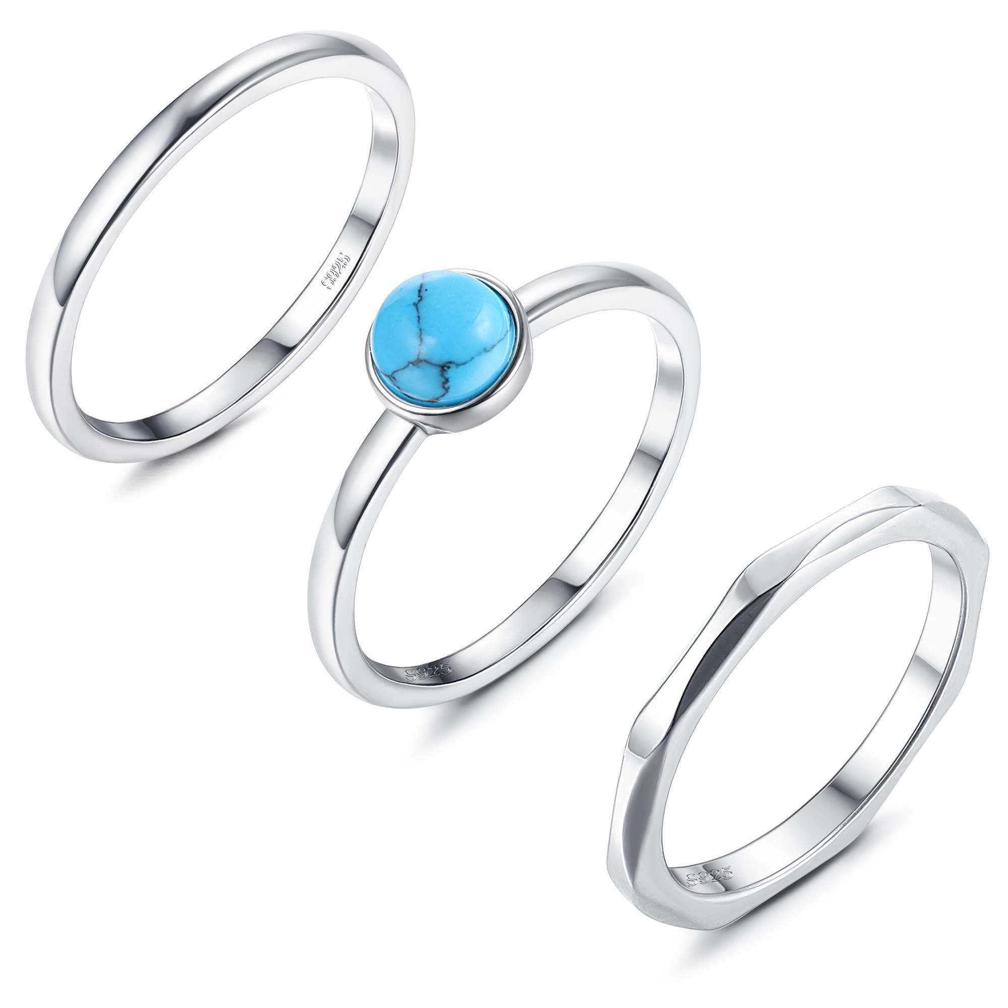MILACOLATO 3Pcs 925 Sterling Silver Turquoise Hammered Band Stackable Ring Set for Women Platinum Plating Smooth Fashion Midi Rings Comfort Fit Size 5 to 9, 7