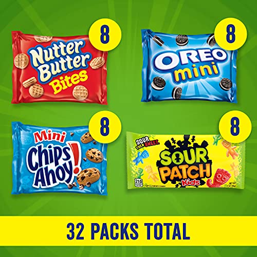 OREO Mini Cookies, CHIPS AHOY! Mini Cookies, SOUR PATCH KIDS Candy & Nutter Butter Bites Cookies & Candy Variety Pack, 32 Snack Packs