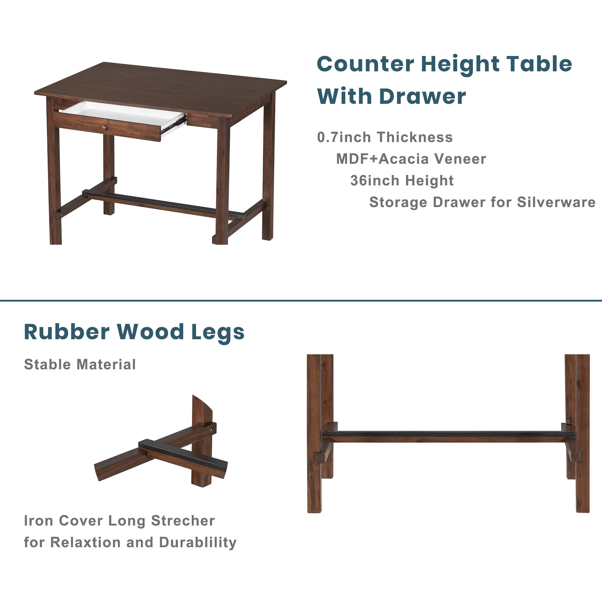 LCH Dining Table Set for 4, Casual Counter Height Wood 5-Piece Upholstered Chairs and 1 Storage Drawer, Walnut+Beige
