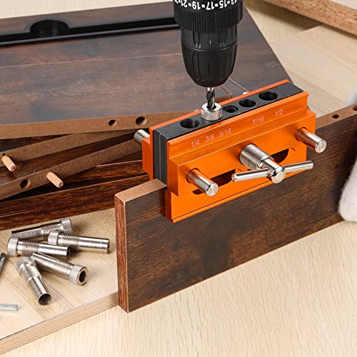 SLIIMU Self Centering Dowel Jig Kit, Inch Woodworking Center Doweling Drill Guide Jig for Straight Hole, Portable Drill Block for Wood Dowel Hole with 6 Drill Sleeve (Orange)