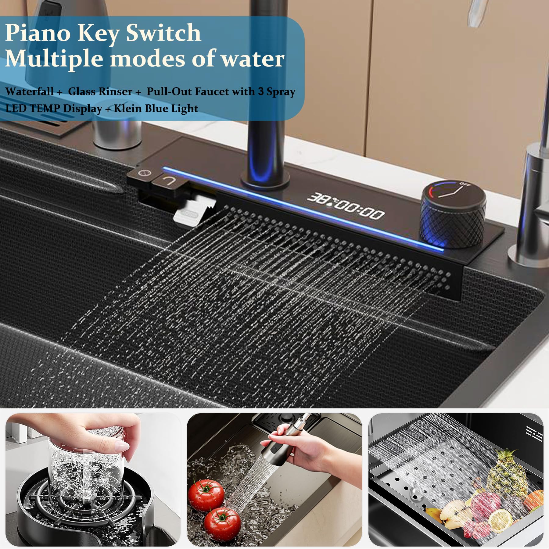 Kitchen Sink Black Stainless Steel Workstation Sink Upgraded Honeycomb Nano Waterfall Sink Drop-In with Patented Pull-out Faucet & LED TEMP Display Undermount Sink with Cup Washer, Water Fil1 (29.5in)