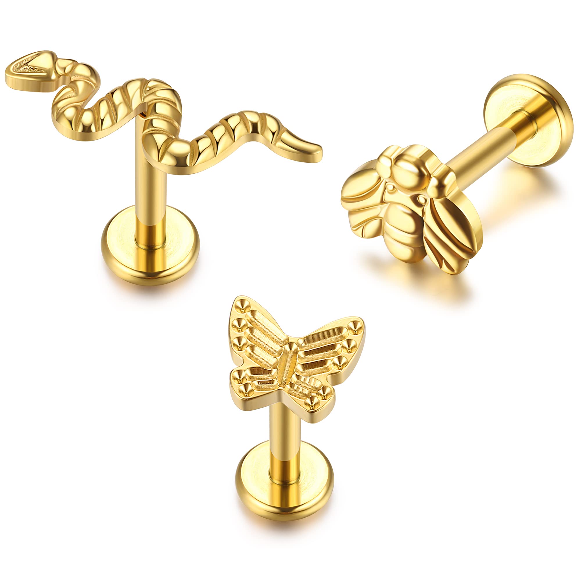 MILACOLATO 3Pcs 16G Solid Titanium Cartilage Earrings Internally Threaded Flatback Stud Earrings Snug Forward Helix Tragus Ear Piercing Jewelry for Women, Gold
