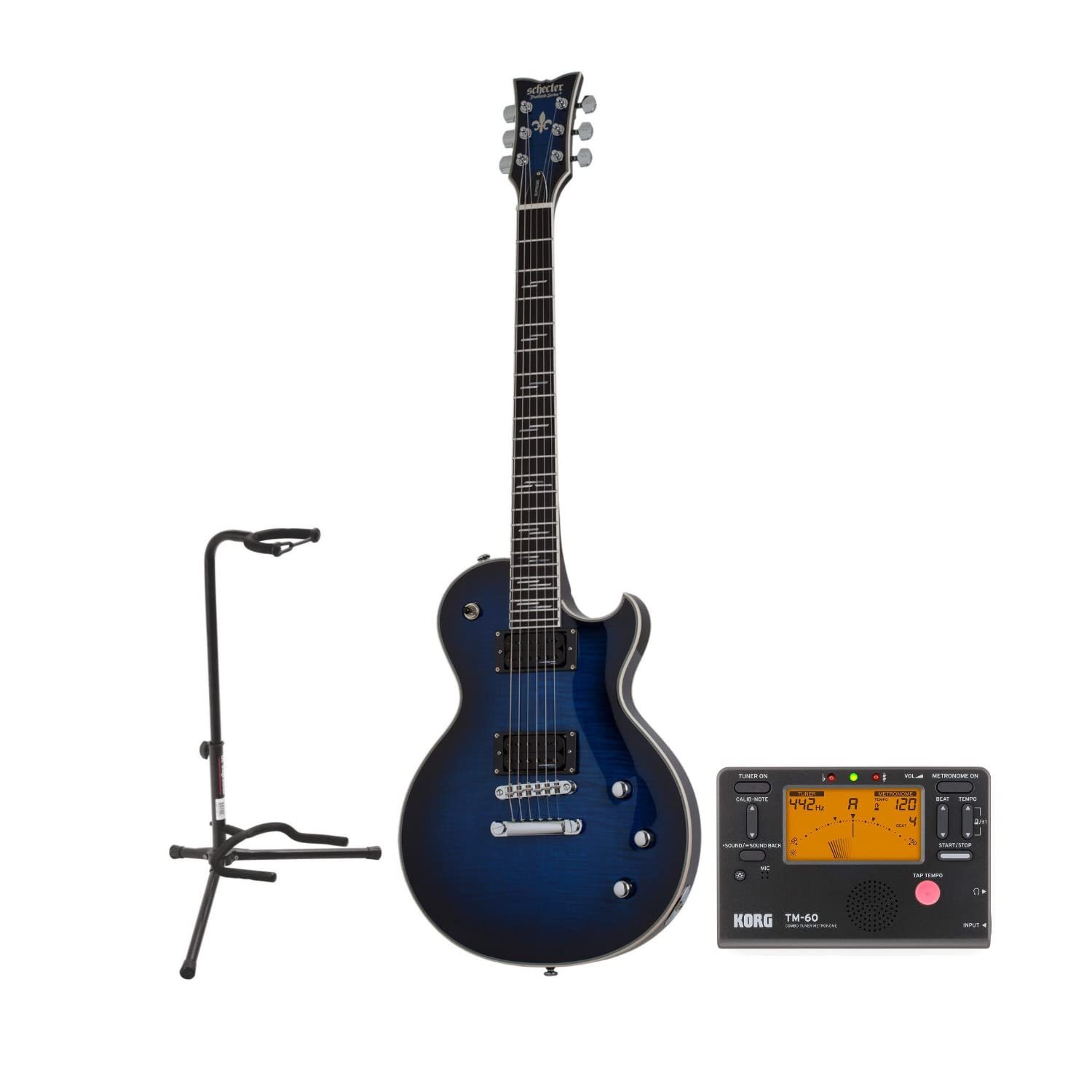 Schecter Solo-II Supreme 6-String Electric Guitar (See Thru Blue Burst) Bundle with Stand and Tuner/Metronome (3 Items)