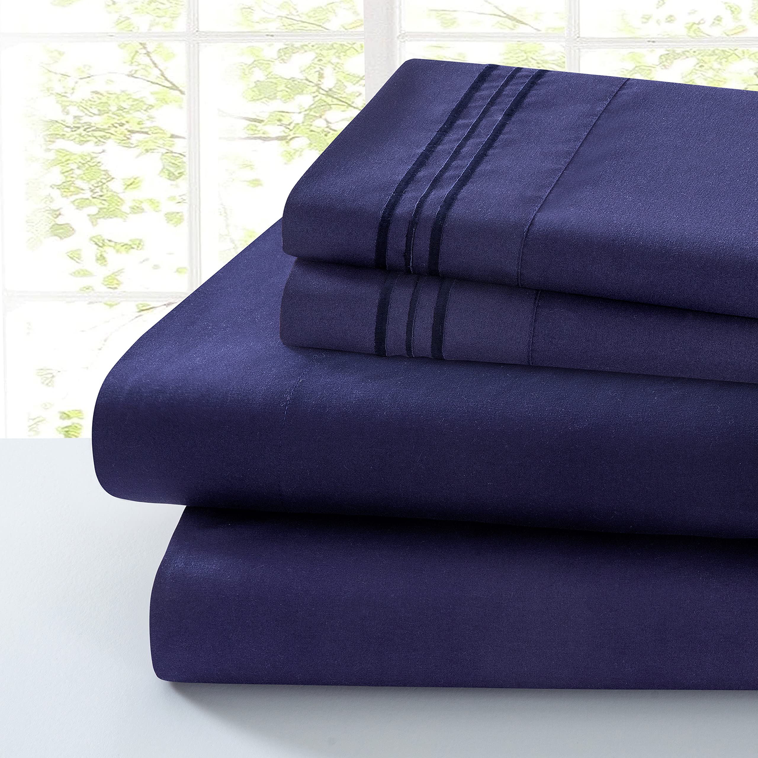 Navy Queen Sheet Set -4 Piece Hotel Bed Sheets-Deep Pocket Queen Sheets-Microfiber 1800 Thread Count Sheet Sets for Queen Size Bed-Wrinkle and Fade Resistant (Navy,Queen)…