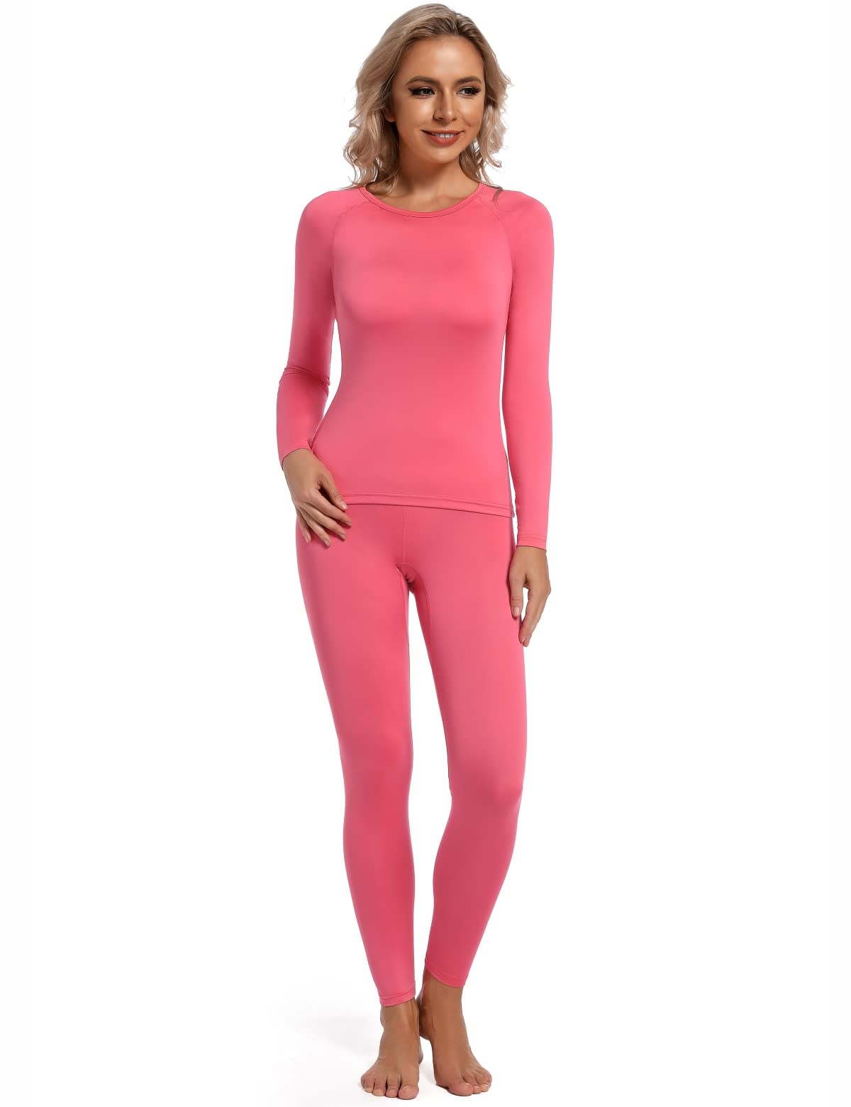 Przewalski Thermal Underwear Set For Women, Winter Long Johns Warm Up Base Layer Top and Bottom Pajama Suits Cold Weather Pink
