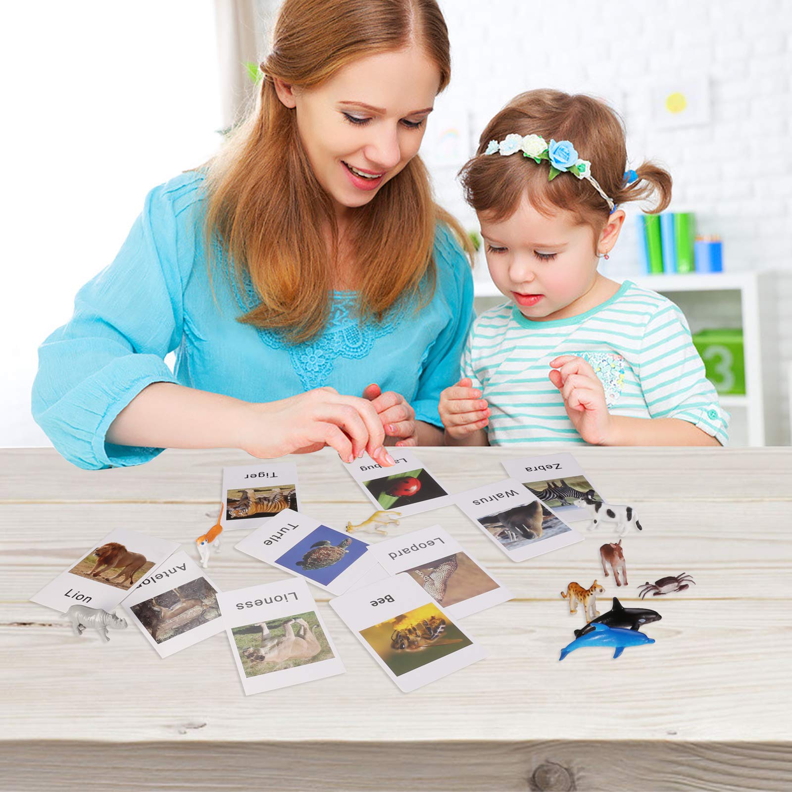 LOGANUSJ 48 PCS Montessori Marine Insects Poultry and Zoo Animals Figure Match 4 Sets - Matching Cards Montessori Language Materials Preschool Learning Toy, Language Materials, Shape Sorting Toy