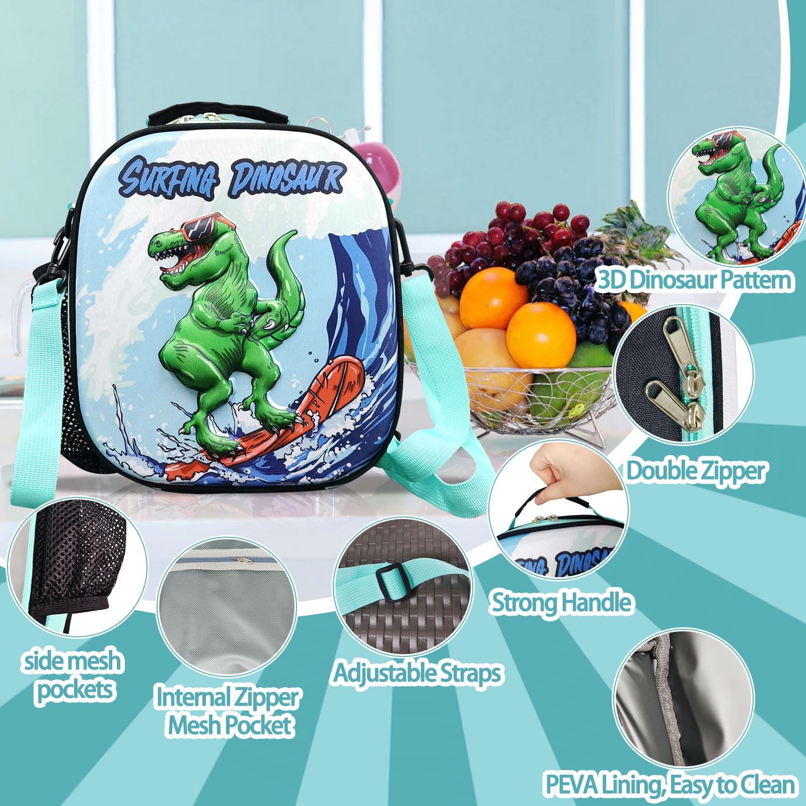 Lebsitey Lunch Bag, Reusable Insulated 3D Cartoon Pattern Dinosaur Lunch Bag with Handle and Bottle Pocket for Boys Back to School Preschool Kindergarten Elementary and Picnic Travel