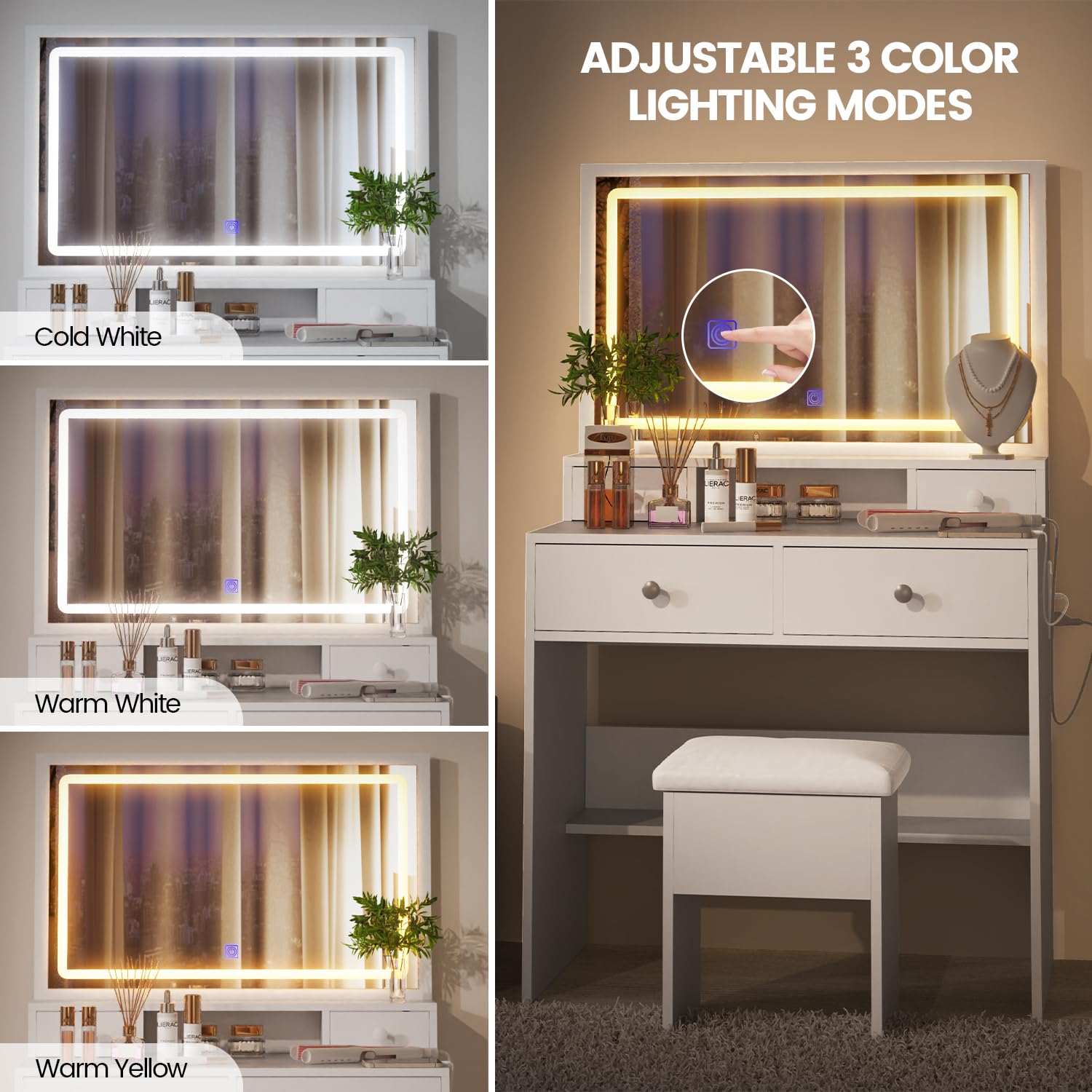 LECEVOCY Vanity Desk Set with LED Lighted Mirror & Power Outlet, Dressing Makeup Table Set with Storage Stool, 4 White Drawer for Bedroom, Bathroom