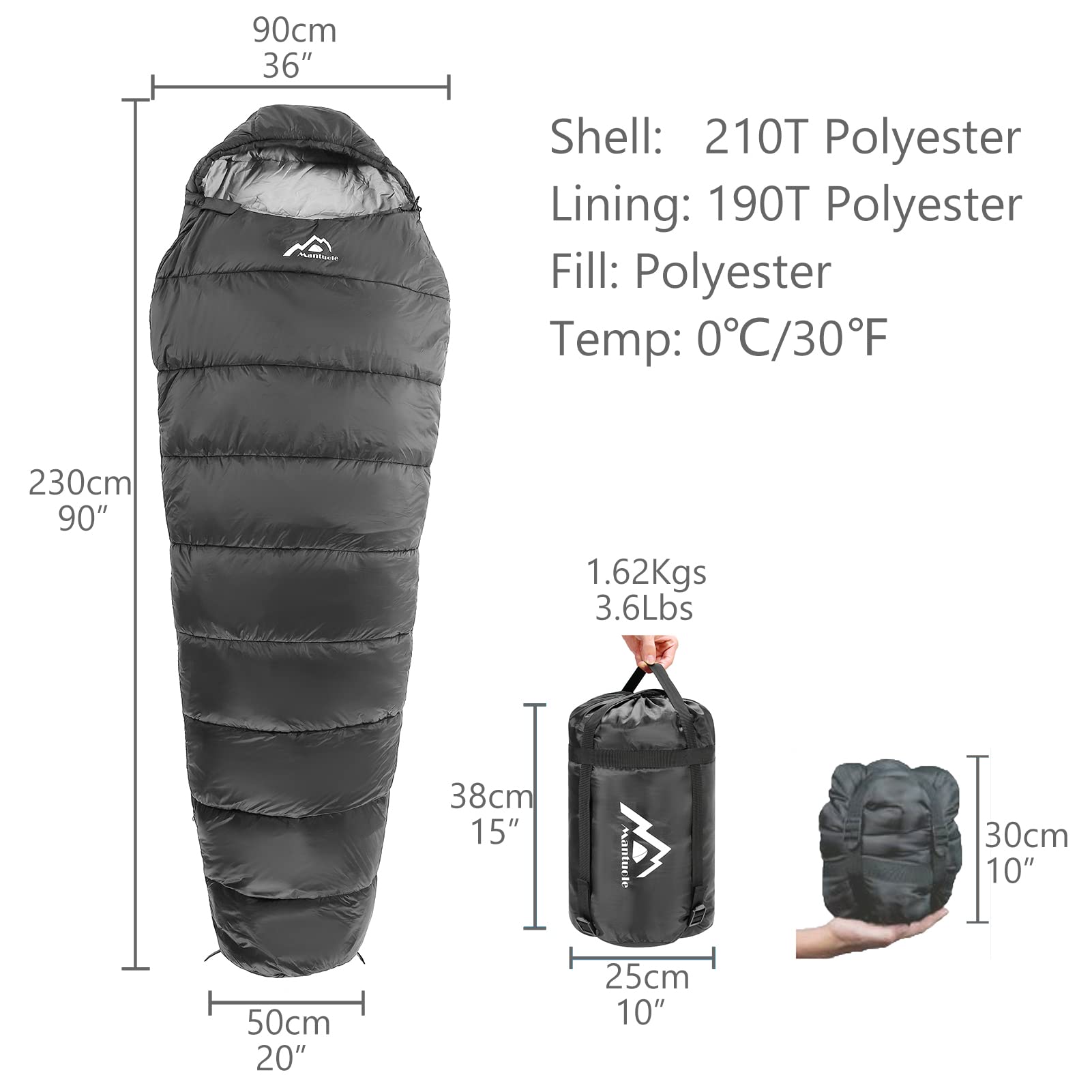 Mantuole Heated Sleeping Bag 5pcs Multi USB Power Support Heating Pads,Operated with Battery Power Bank or Other USB Power Supplies, Portable Compact Bag, Mummy Style-Black.