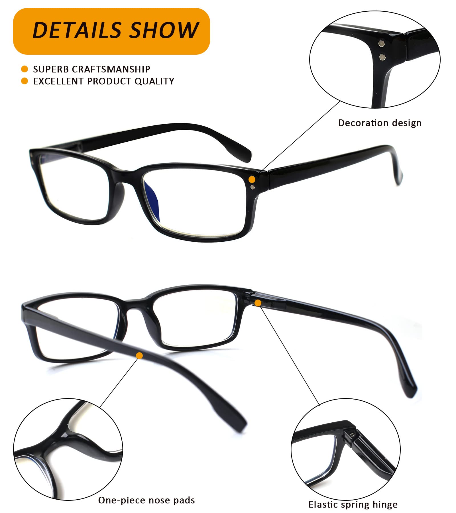 Kerecsen 4 Pack Reading Glasses for Women/Men Spring Hinges Readers Glasses Lightweight Eyeglasses (4 Pack Black, 1.75)