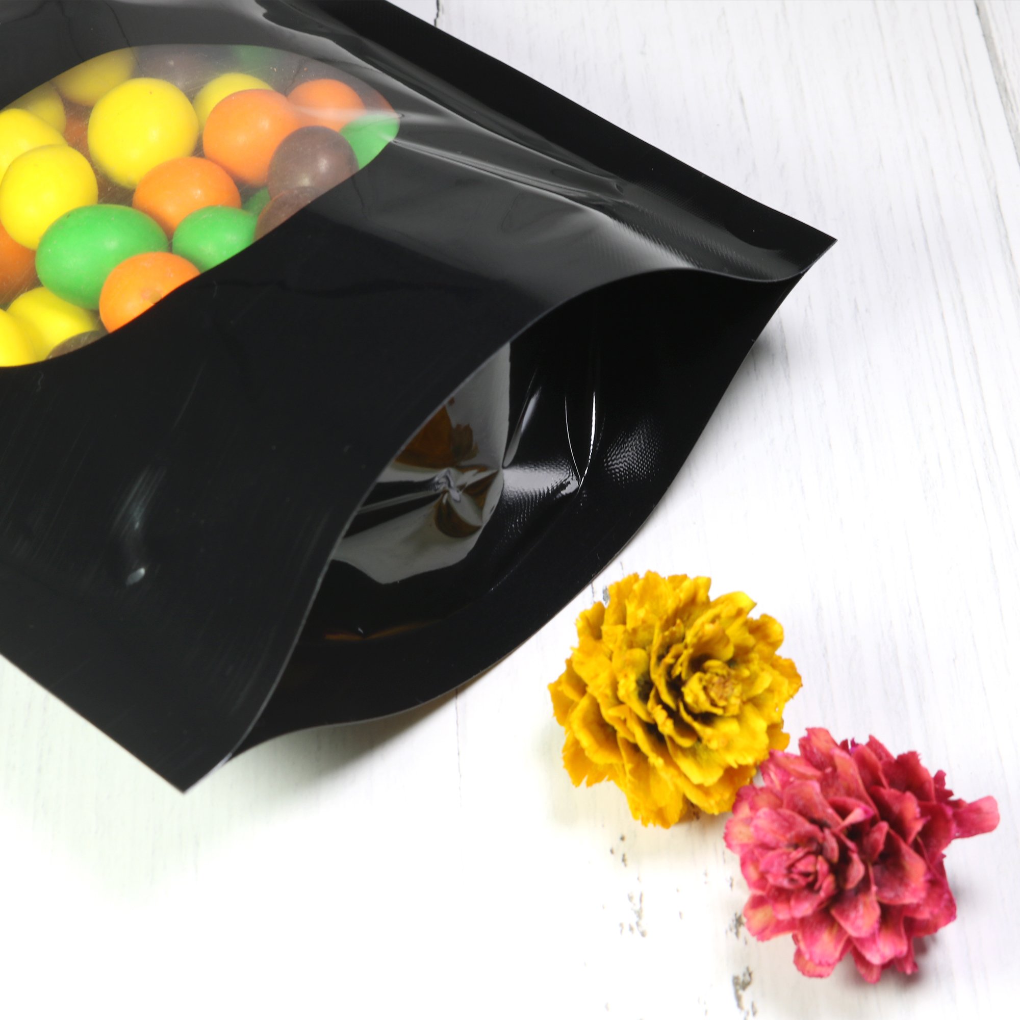 QQ Studio Pack of 100 Glossy Colored Mylar Foil Stand-Up Zip Seal Bags w/Clear Round Window (Glossy Black, 3.3 inches x 5.5 inches)