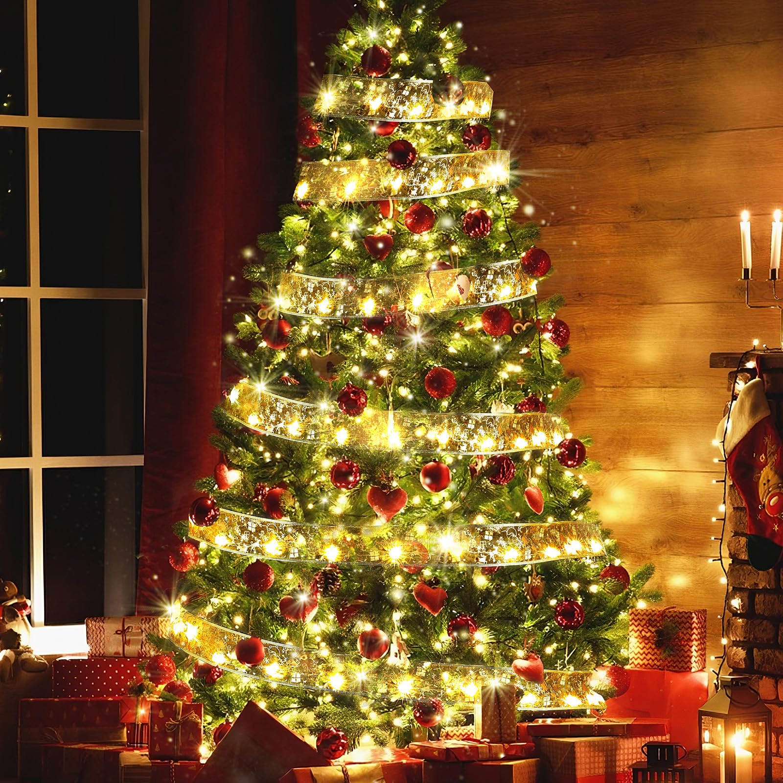Lecone Christmas Tree Decorations, 2 Pack Christmas Ribbon Lights 40Ft 120 LED Copper Wire Fairy Lights with 8 Modes & Timer, USB or Battery Operated Christmas Lights for Tree Indoor (Warm Light)