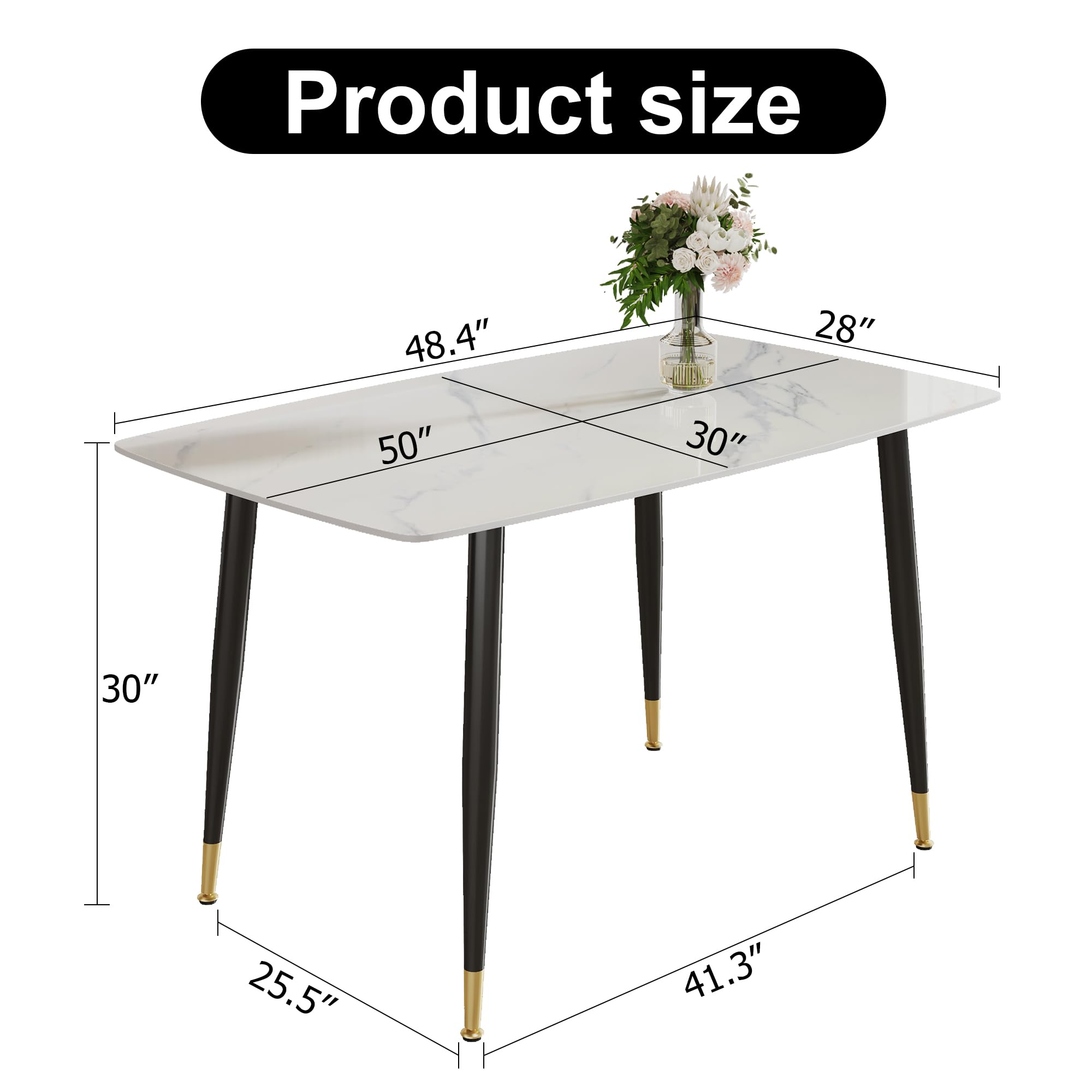Maotifeys Dining Table, Modern Kitchen Tables Top with Sintered Stone, Metal Base & Legs for Kitchen Dining Room (White-1 Table,4 Black Chair)