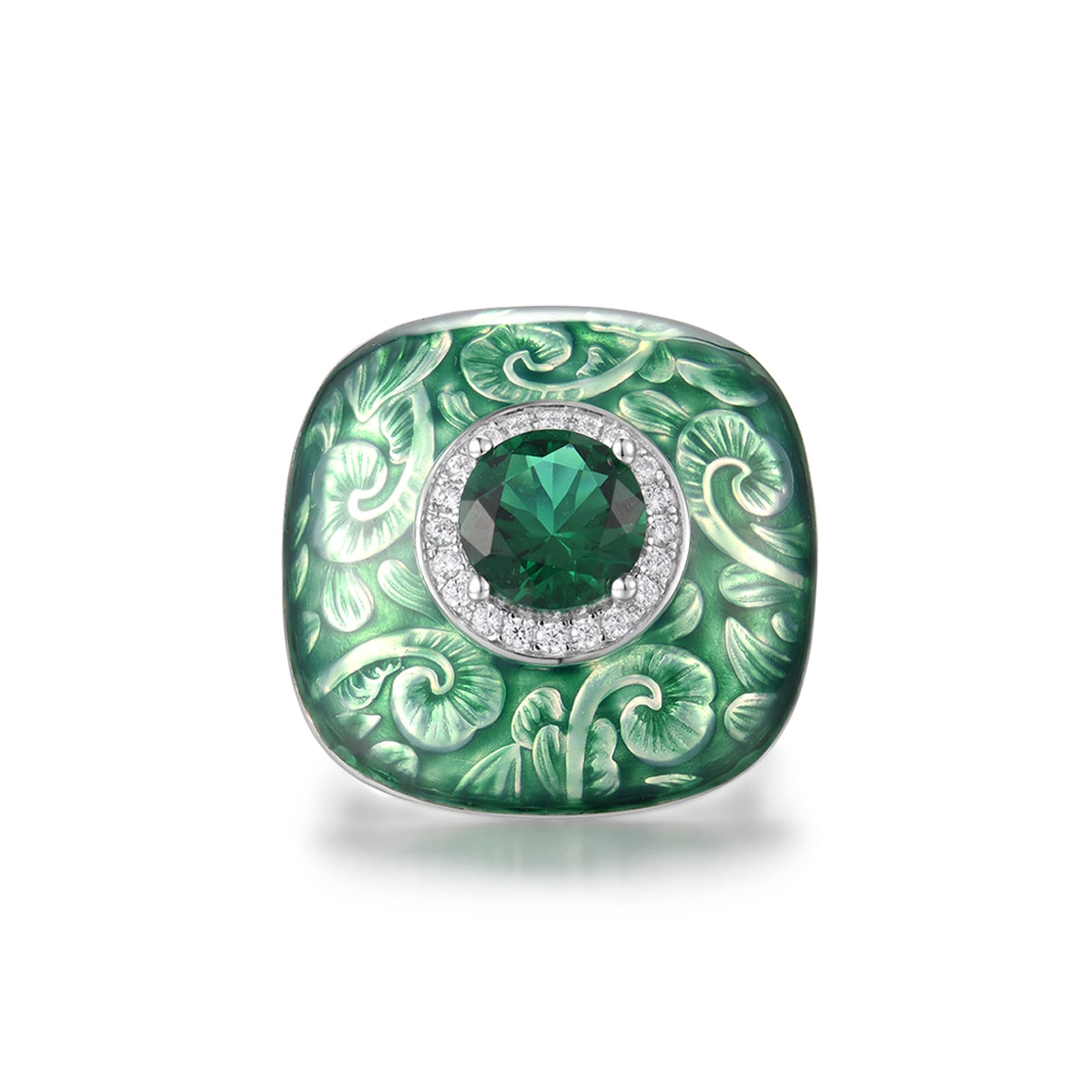 Santuzza 925 Sterling Silver Cushion Ring Enamel Green Glass Cubic Zirconia Vintage Ring for Women (7)