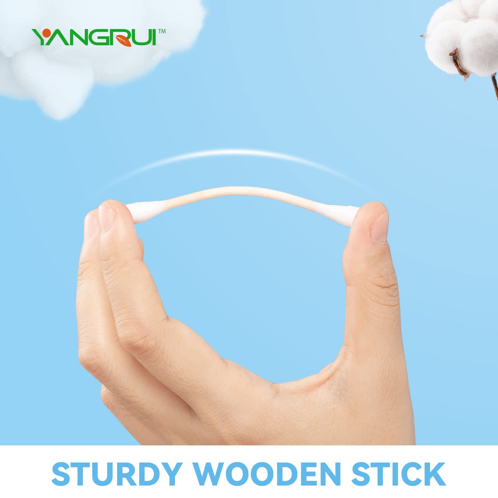 YANGRUI Cotton Swab, 375 Count Wooden Stick BPA Free Naturally Pure Double Round Ear Swabs White Cotton Buds (Pack of 1)